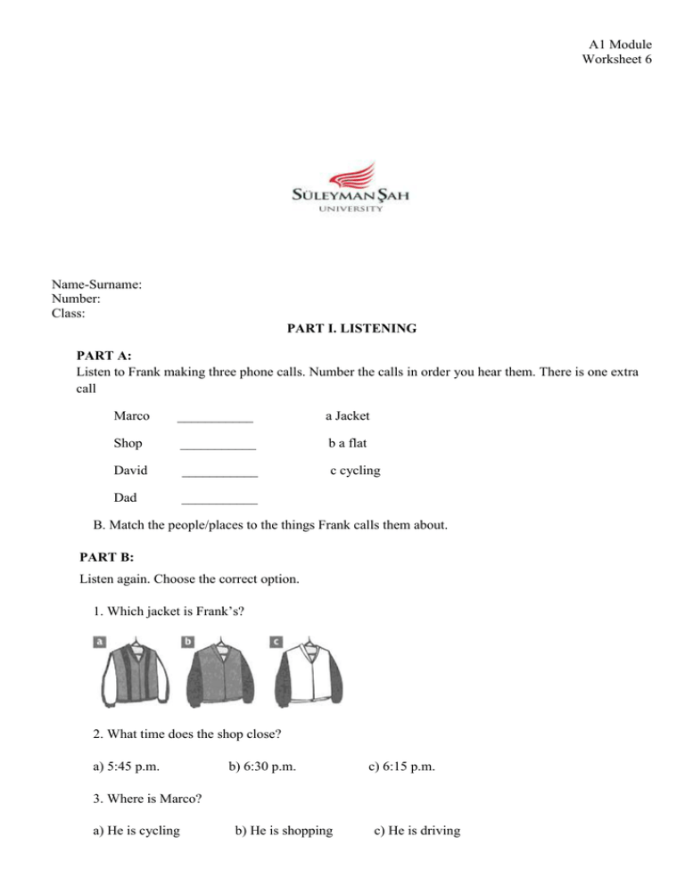 A1 English Worksheet: Listening, Grammar, Reading