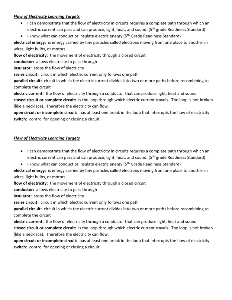 Flow of Electricity Learning Targets I can demonstrate that the flow of