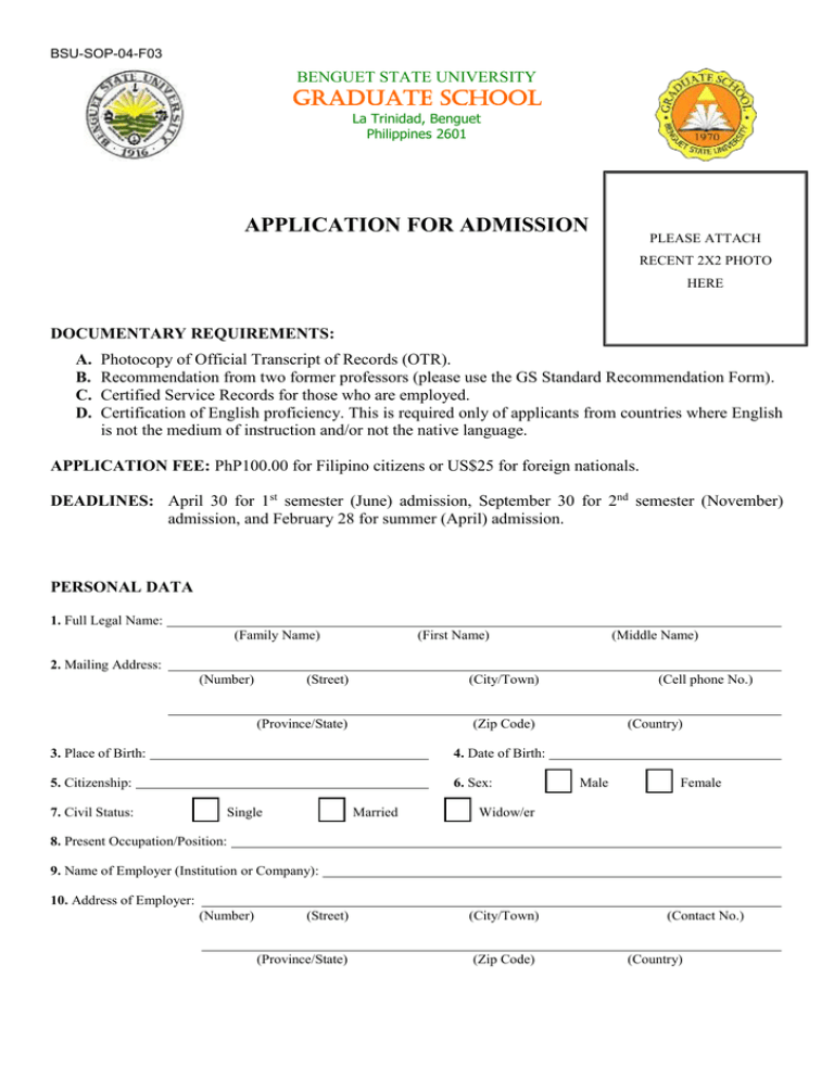 BSU Graduate School Application Form