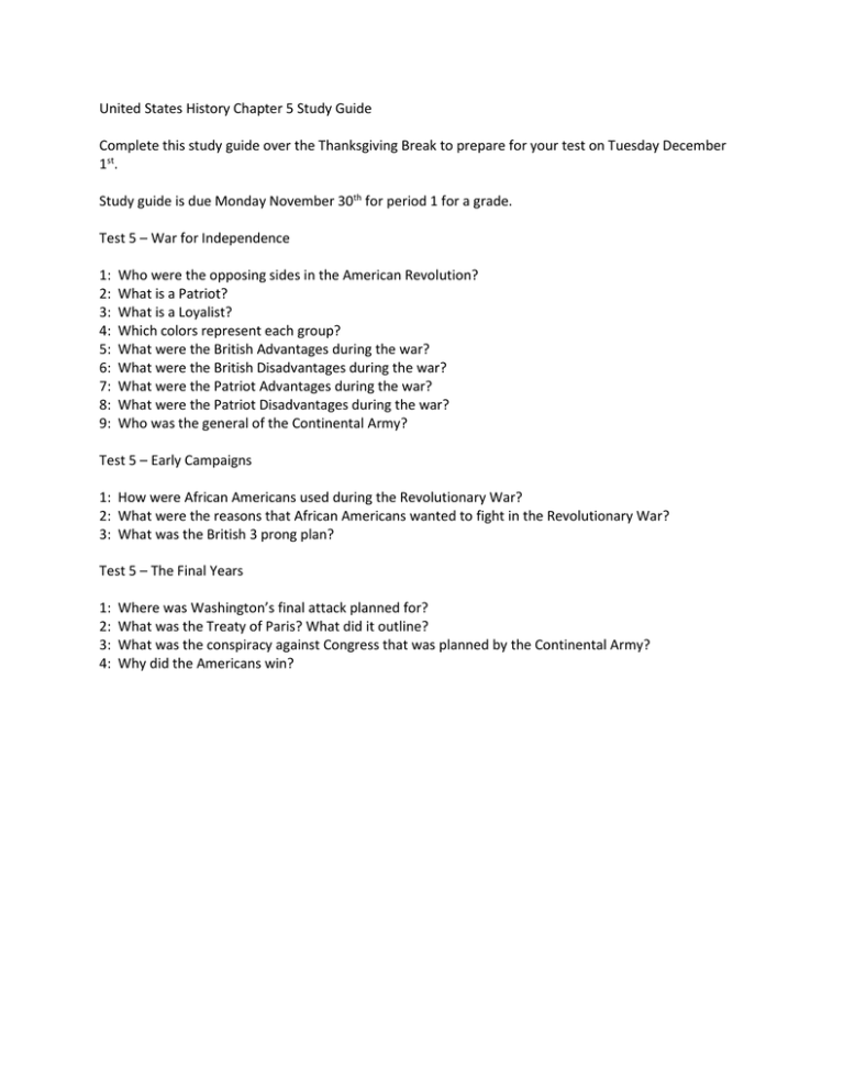 US History: War for Independence Study Guide
