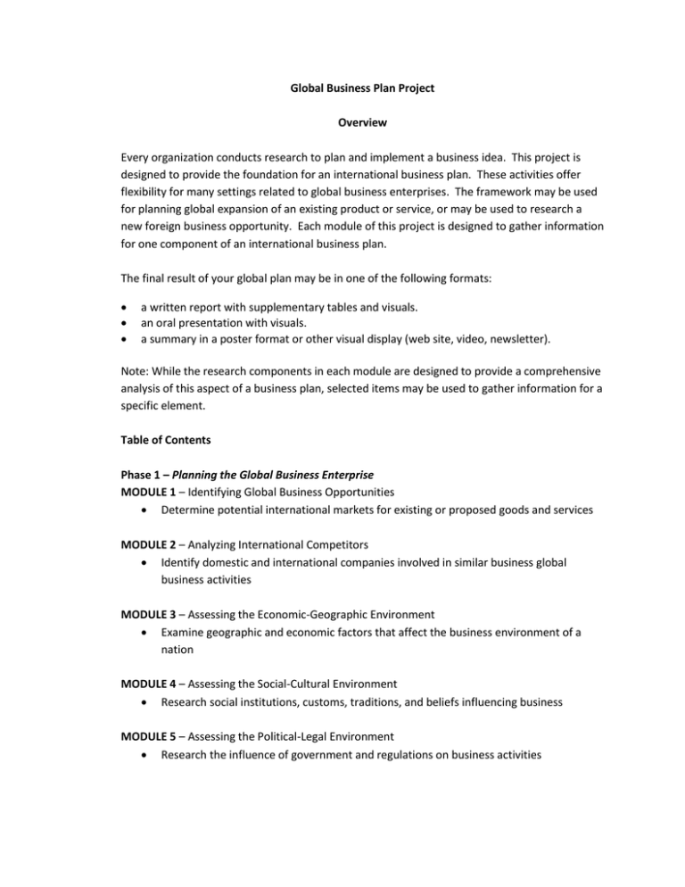 Global Business Plan Project Overview