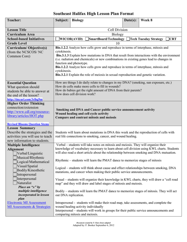 Cell Division Biology Lesson Plan: Mitosis & Meiosis