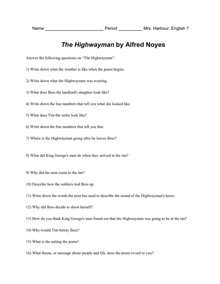 The Highwayman Poem Worksheet: Comprehension & Analysis
