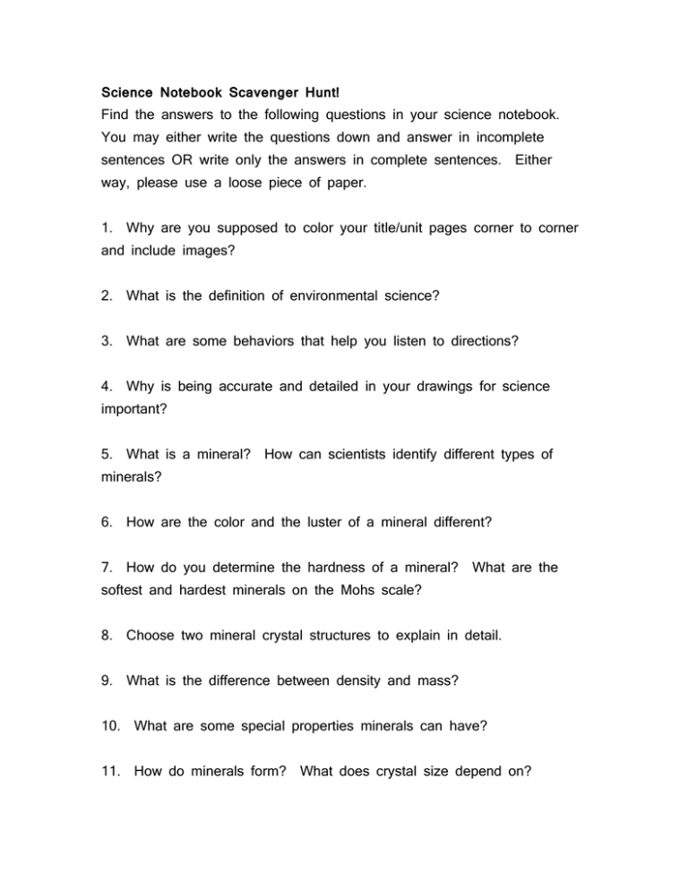 Science Notebook Scavenger Hunt Worksheet