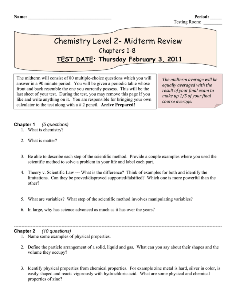 Chemistry Midterm Review: Chapters 1-8