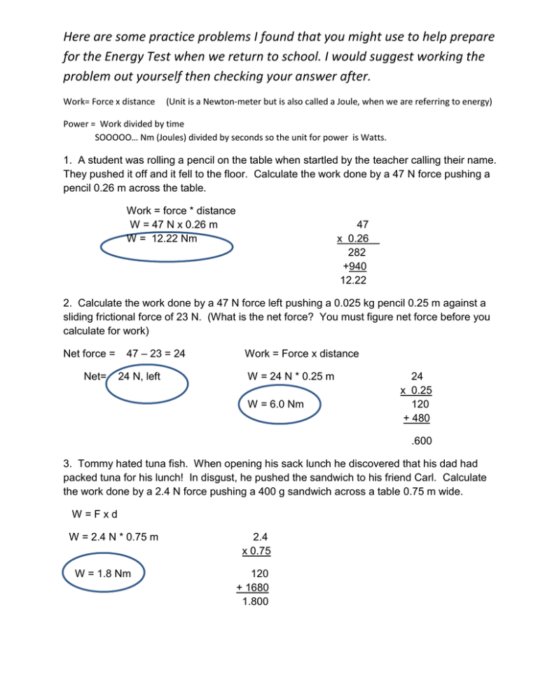 Work and Power Practice Problems for Physics