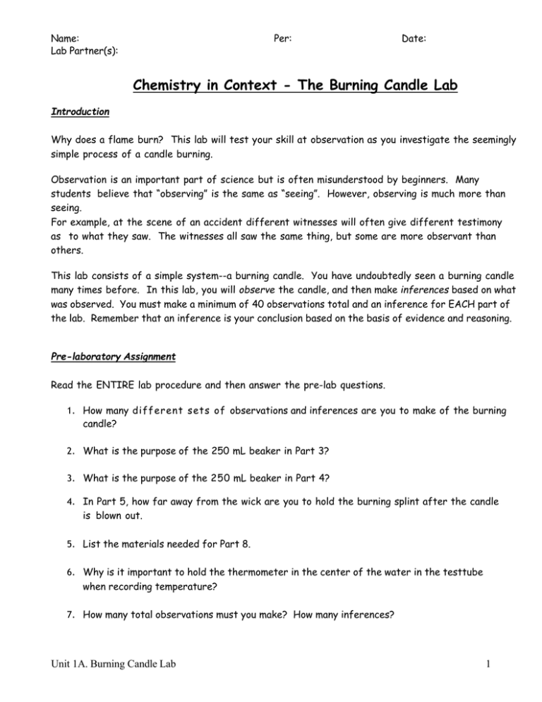 Unit 1A. Burning Candle Lab