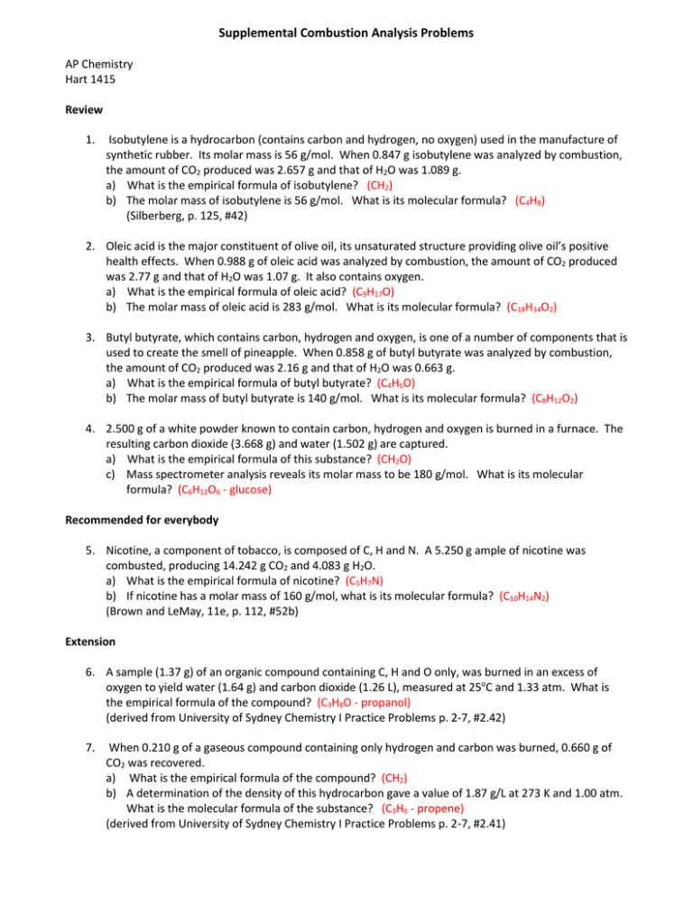 Combustion Analysis Problems: AP Chemistry Worksheet