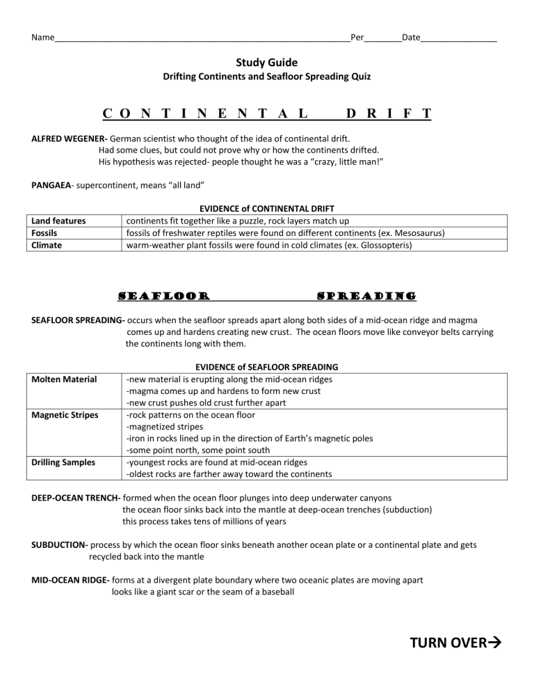 Continental Drift & Seafloor Spreading Study Guide