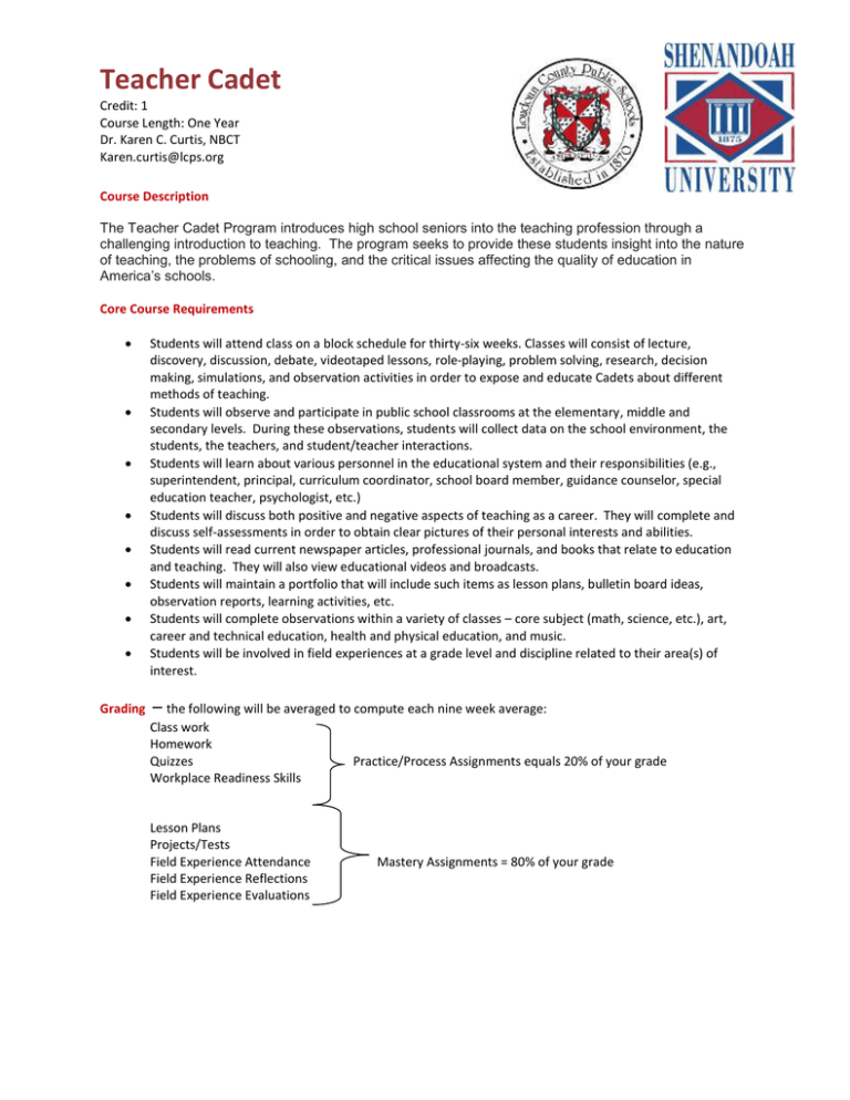 Teacher Cadet Course Syllabus - High School Education Program