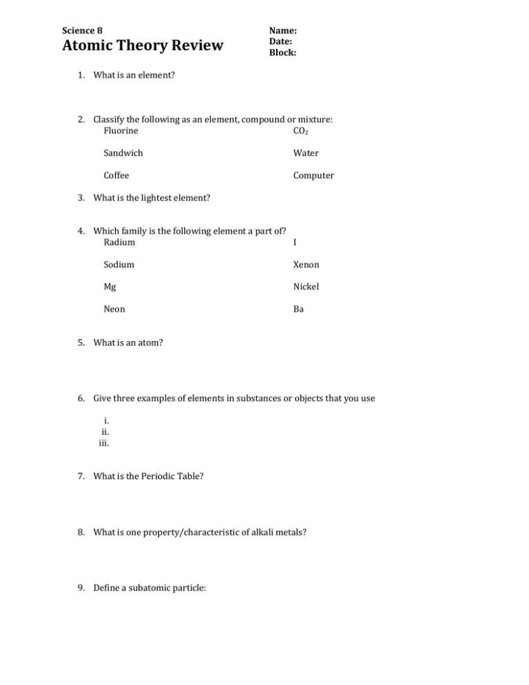 Atomic Theory Review Worksheet - Science 8