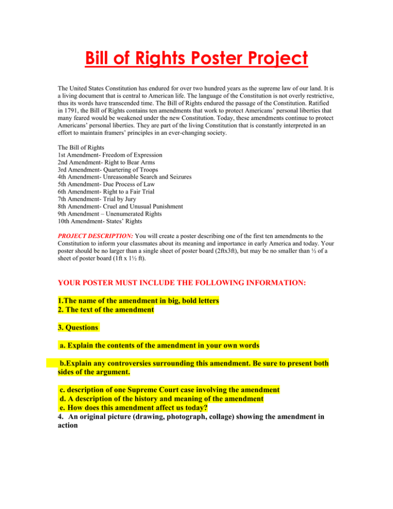 Bill of Rights Poster Project: Amendment Guide