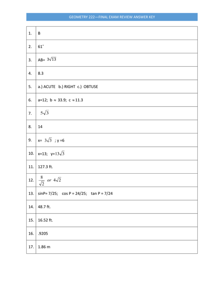 Geometry Final Exam Review Answer Key