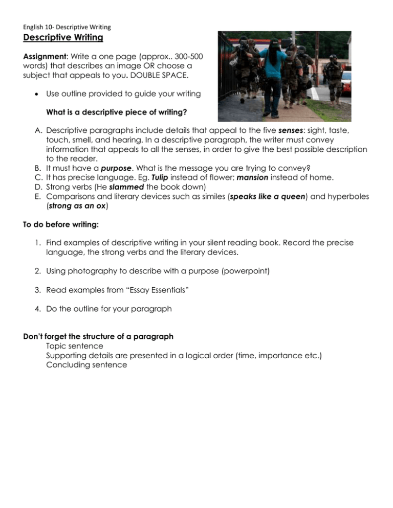 English 10 Descriptive Writing Assignment