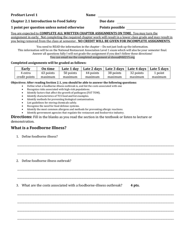 ProStart Food Safety Worksheet: Chapter 2.1
