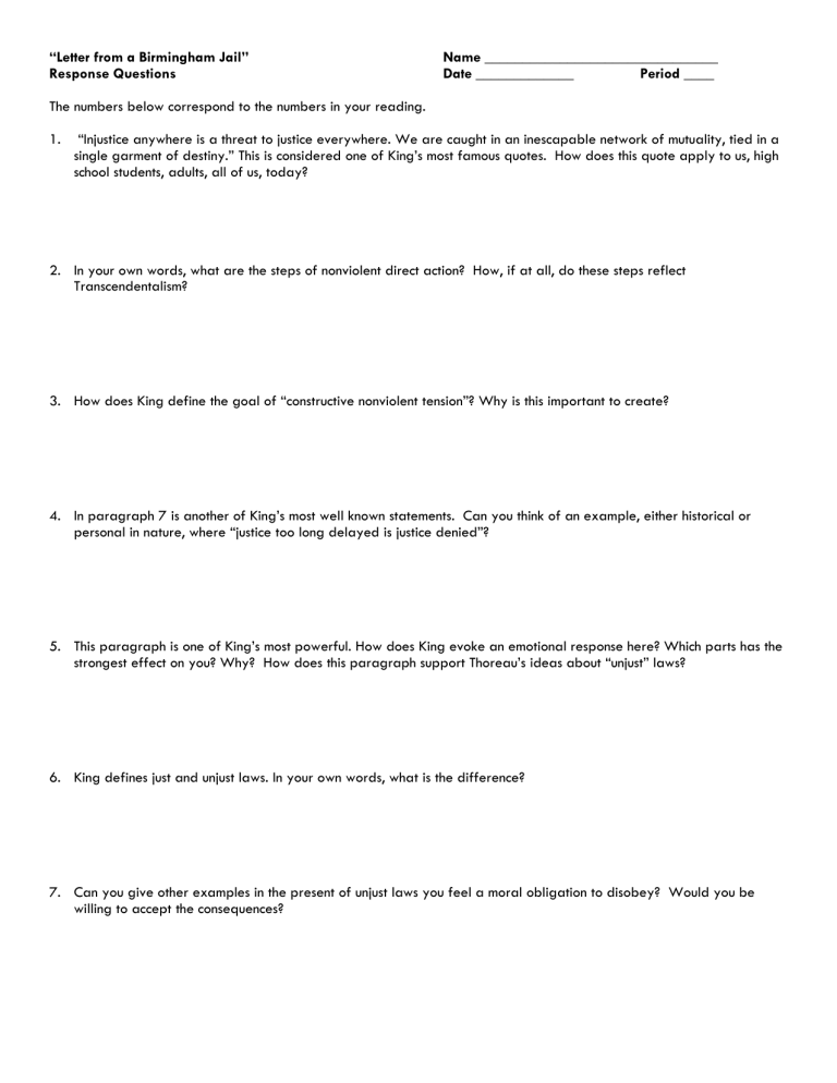 MLK's Letter from Birmingham Jail: Worksheet