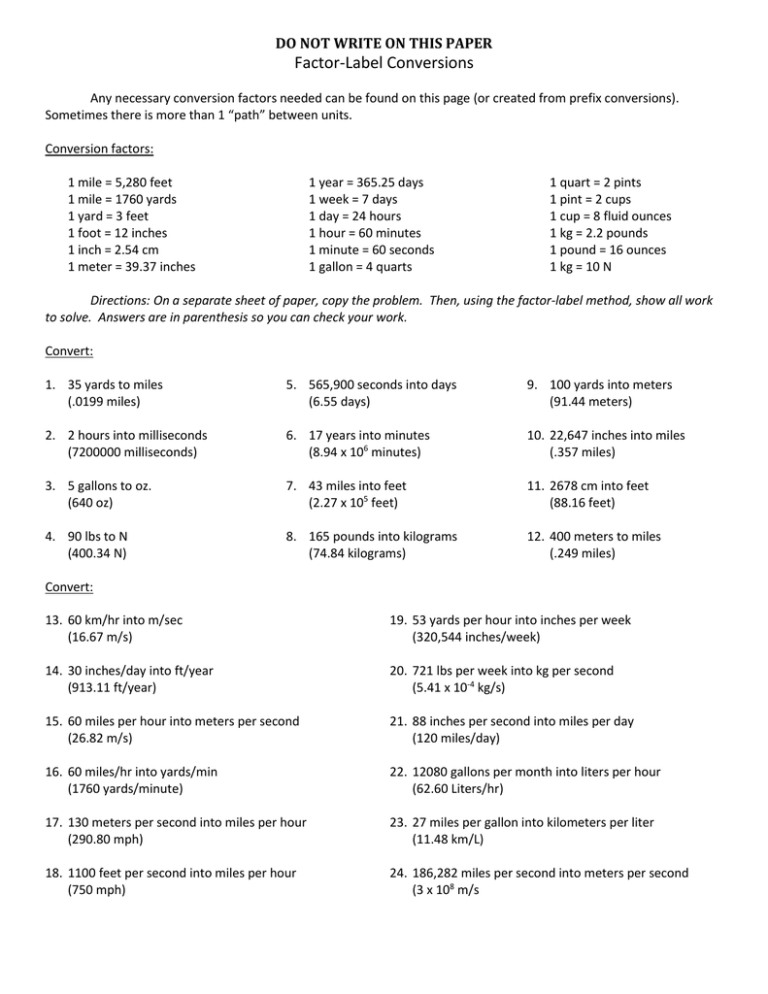 Factor-Label Conversions Worksheet - Physics Unit Conversions