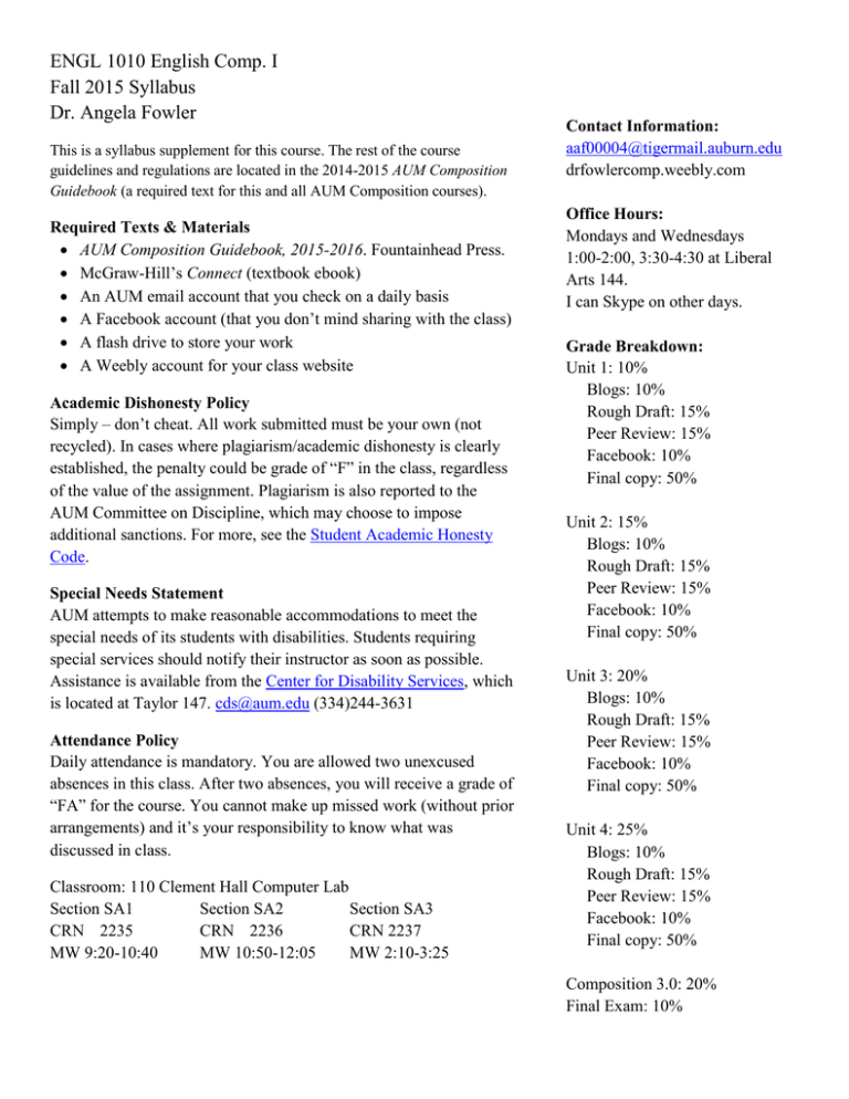 ENGL 1010 Syllabus: English Composition I, Fall 2015