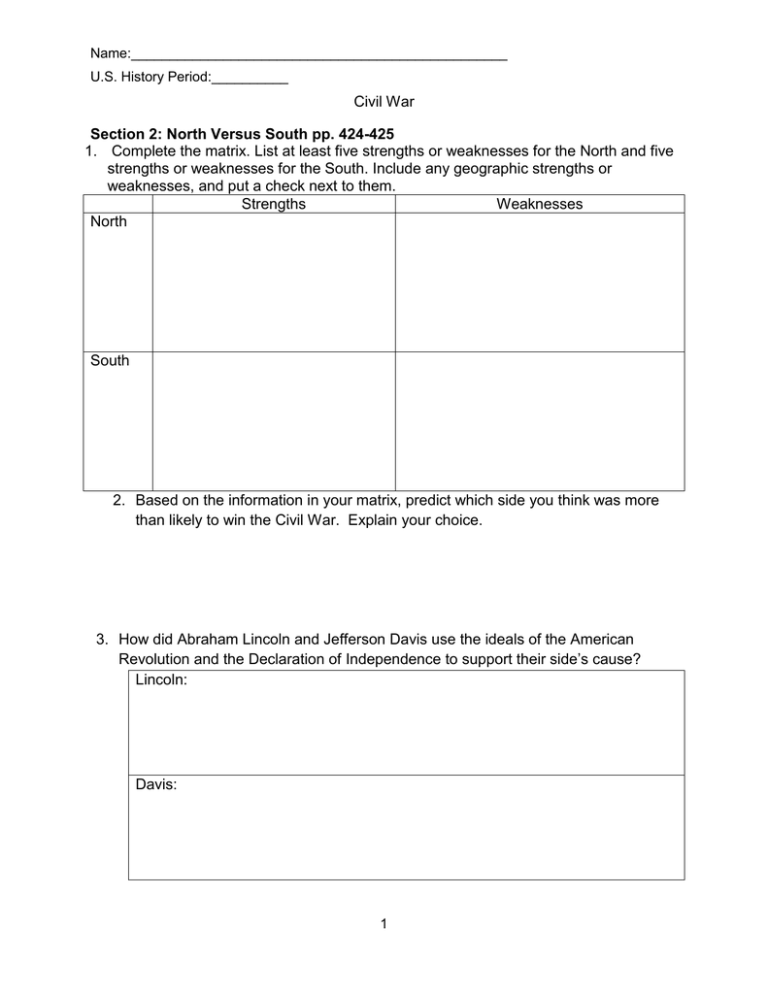Civil War Worksheet: North vs. South, Key Battles