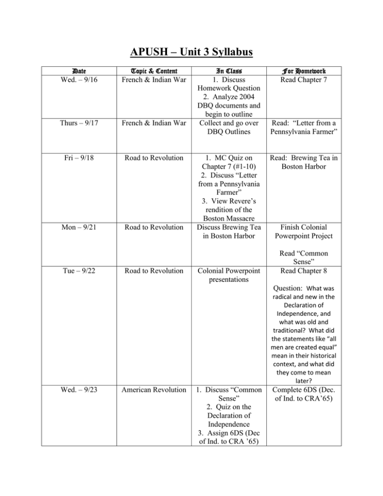 Apush Unit 3 Syllabus