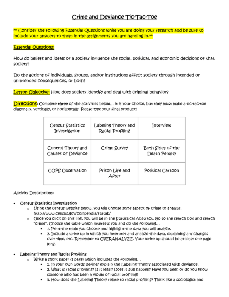 Crime & Deviance Tic-Tac-Toe: Sociology Activity