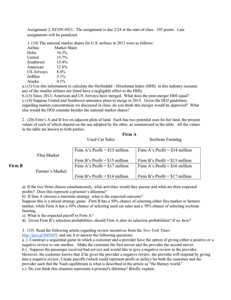 Economics Assignment: Market Structure, Game Theory, Pricing