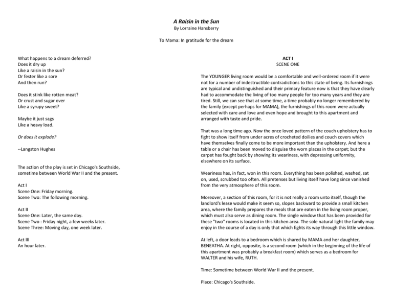 A Raisin in the Sun Play Script by Lorraine Hansberry