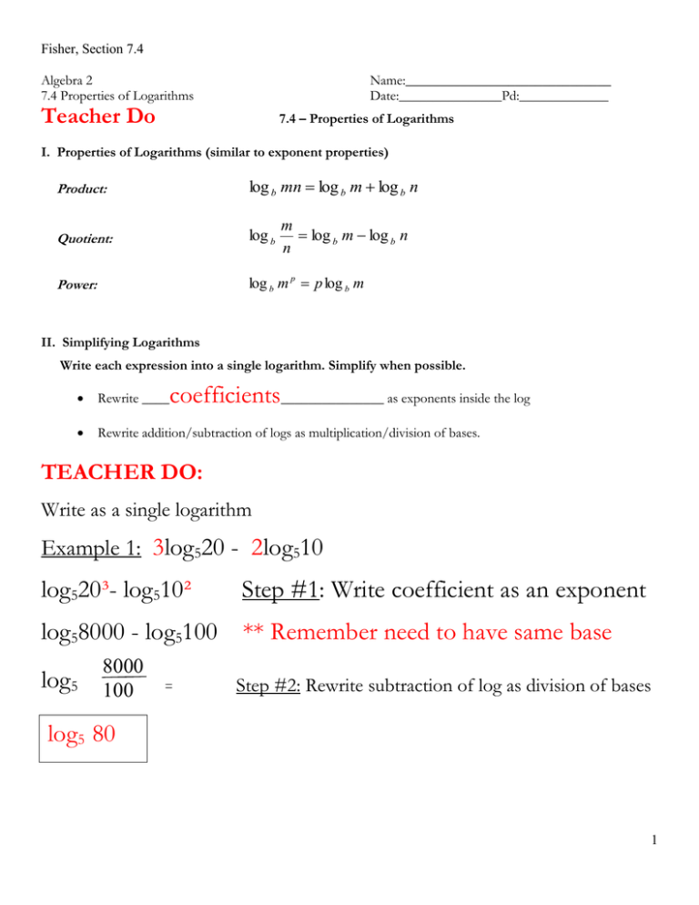 Logarithm Properties Worksheet: Algebra 2 Practice