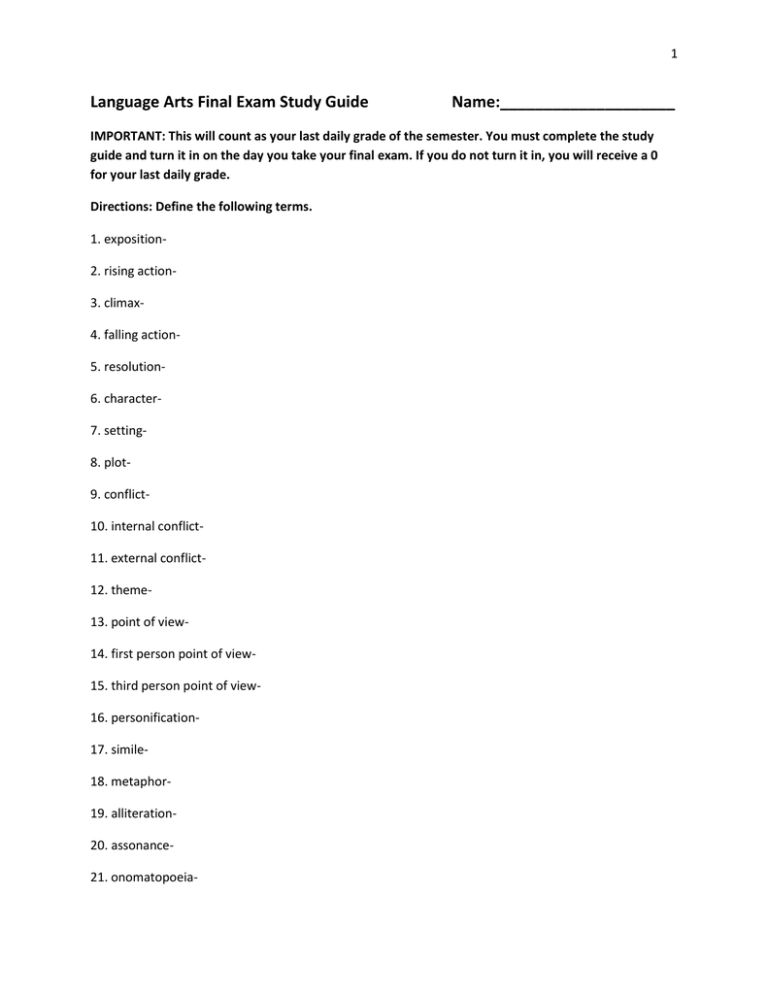 Language Arts Final Exam Study Guide Name