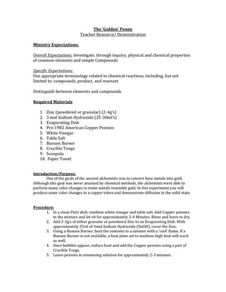 Golden Penny Chemistry Experiment: Teacher Resource