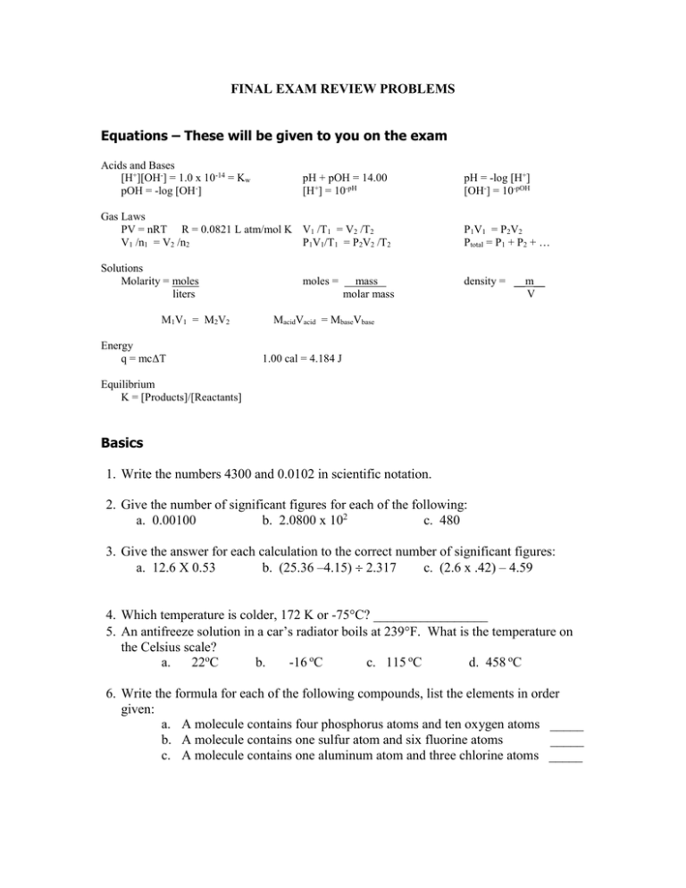 Chemistry Exam Review Problems