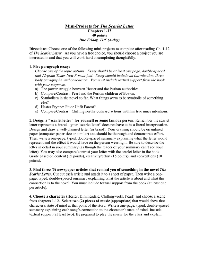 The Scarlet Letter Mini-Projects: Chapters 1-12 Assignment