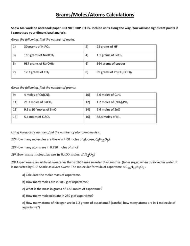 Grams, Moles, Atoms Calculations Worksheet