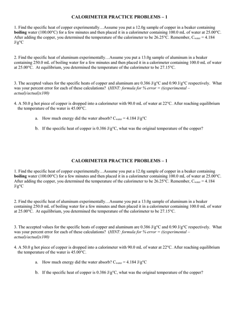 Calorimetry Practice Problems: Specific Heat Calculations