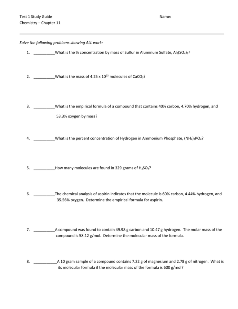 Chemistry Chapter 11 Study Guide