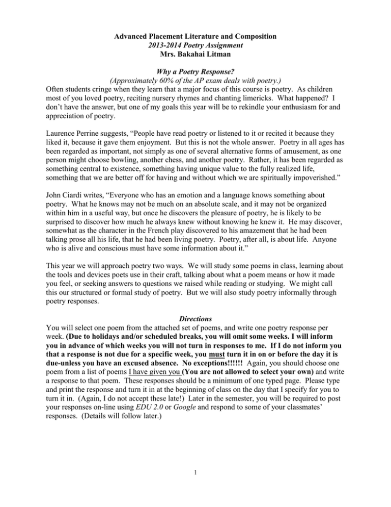 AP Literature Poetry Assignment: Poems & Responses