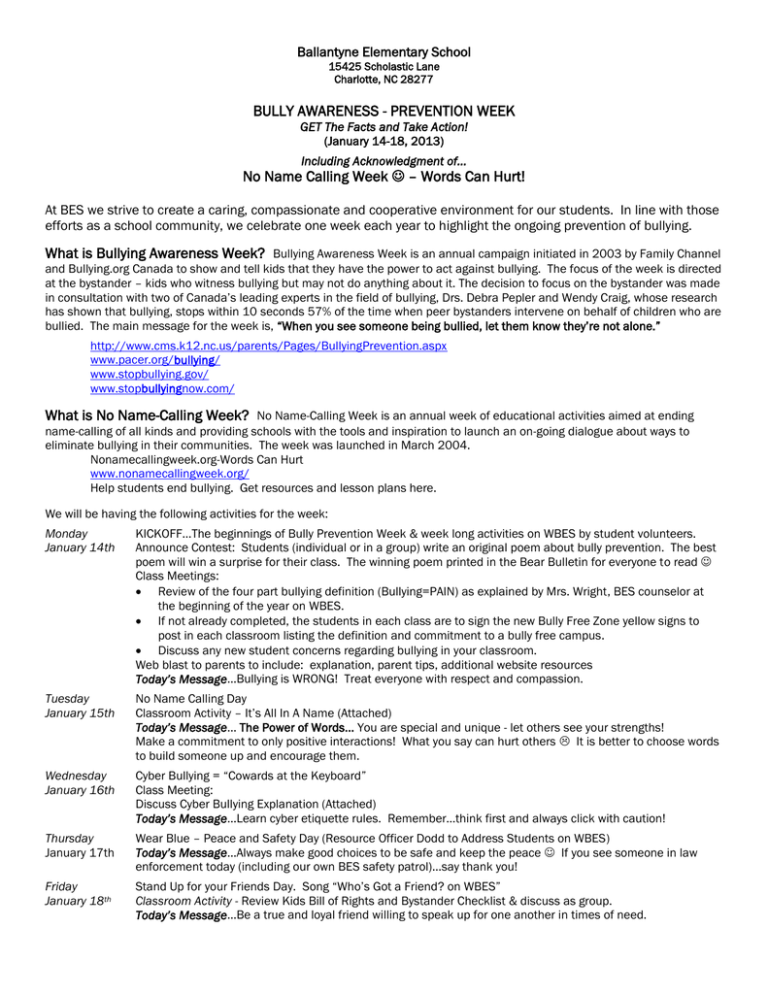 Bully Awareness Week at Ballantyne Elementary