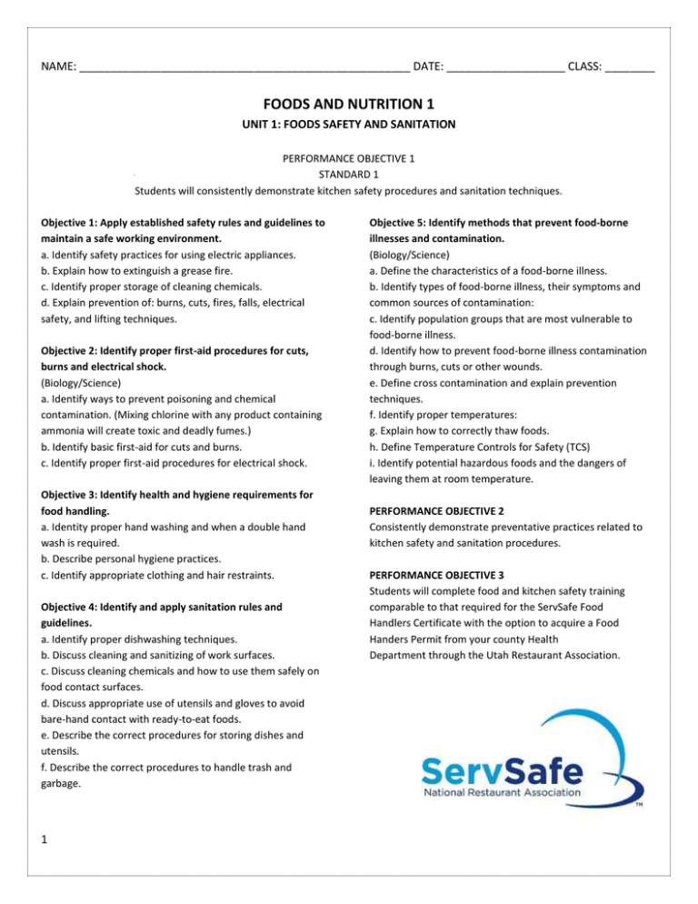 Food Safety & Sanitation Worksheet: Foods & Nutrition 1