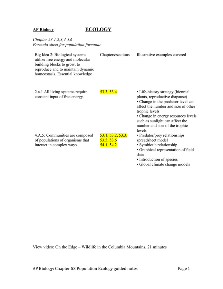 AP Biology: Population Ecology Guided Notes - Chapter 53