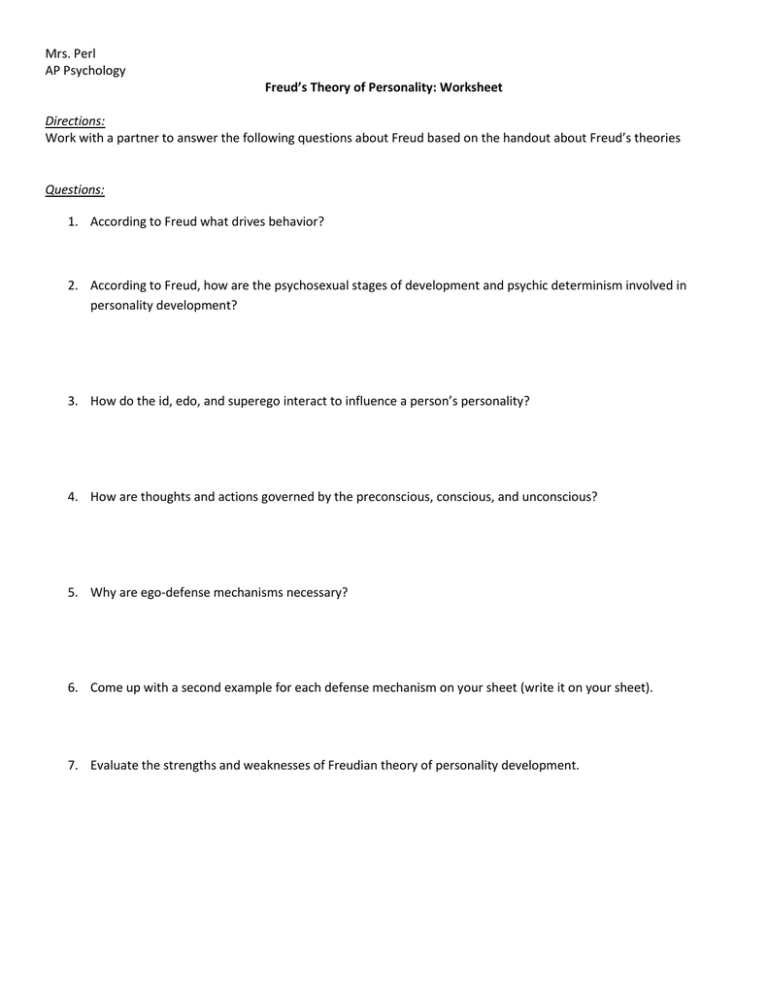 Freud's Theory of Personality Worksheet - AP Psychology