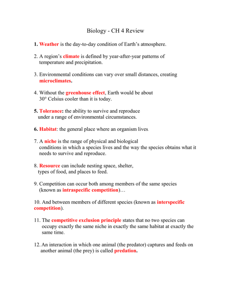 Biology CH 4 Review: Ecology Concepts & Definitions