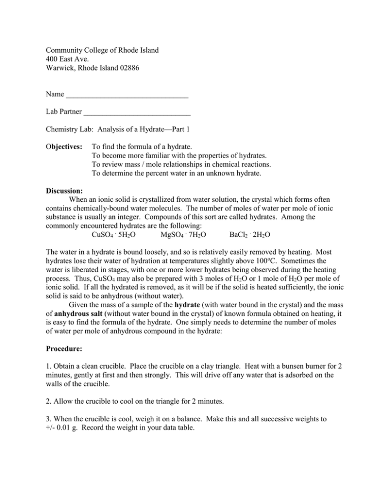 Hydrate Analysis Lab: Determine Formula & Percent Water