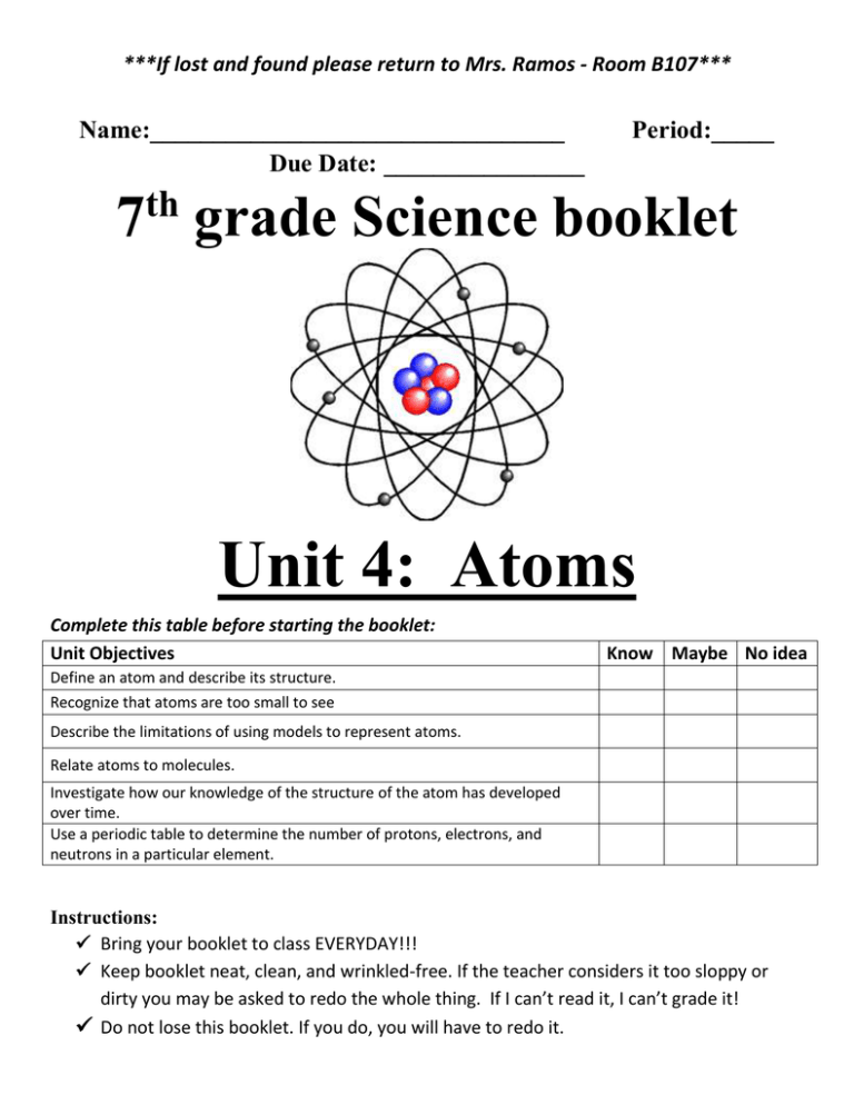 7th Grade Science: Atoms Booklet - Unit 4