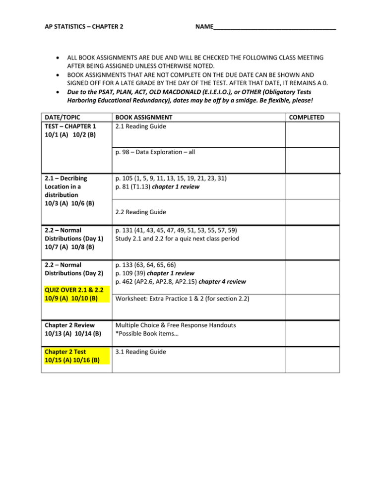 AP Statistics Chapter 2 Schedule & Assignments