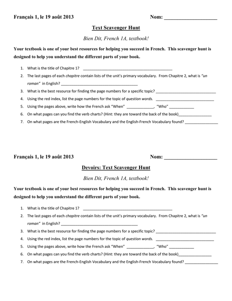 French 1 Textbook Scavenger Hunt: Bien Dit 1A
