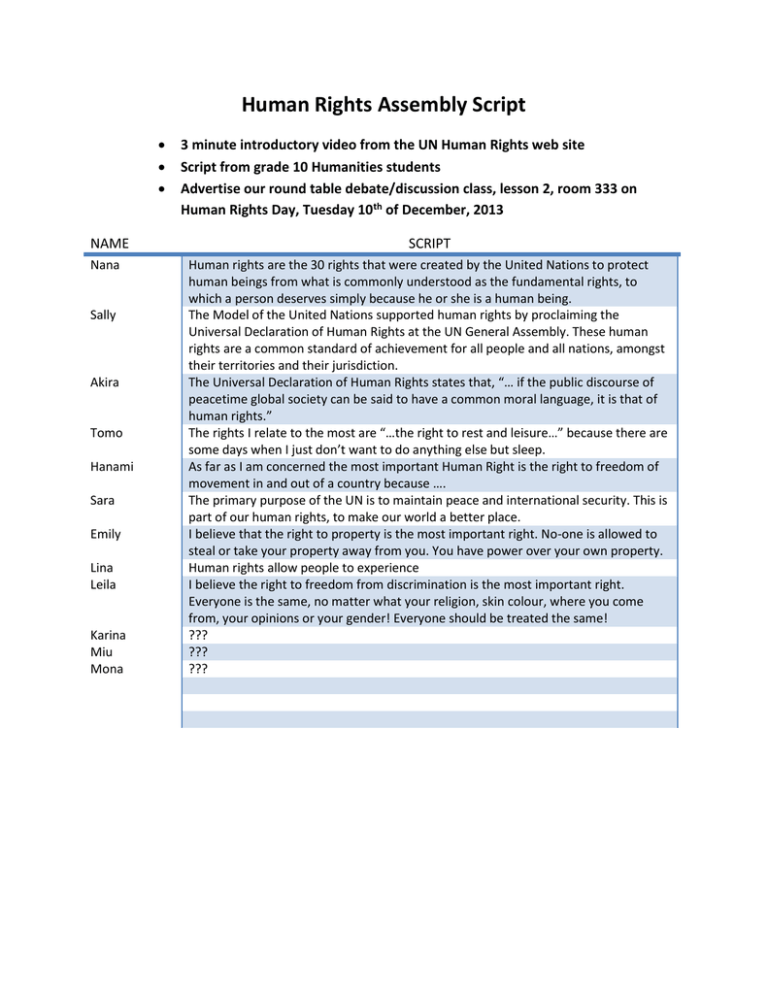 Human Rights Assembly Script for High School Students
