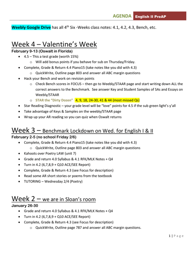 English II Pre-AP Agenda: Weekly Assignments & Activities