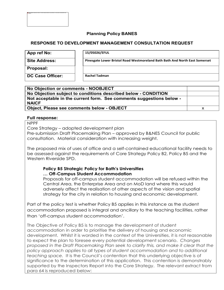 Planning Policy BANES RESPONSE TO DEVELOPMENT