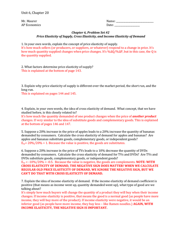 Elasticity Problem Set: AP Economics Practice
