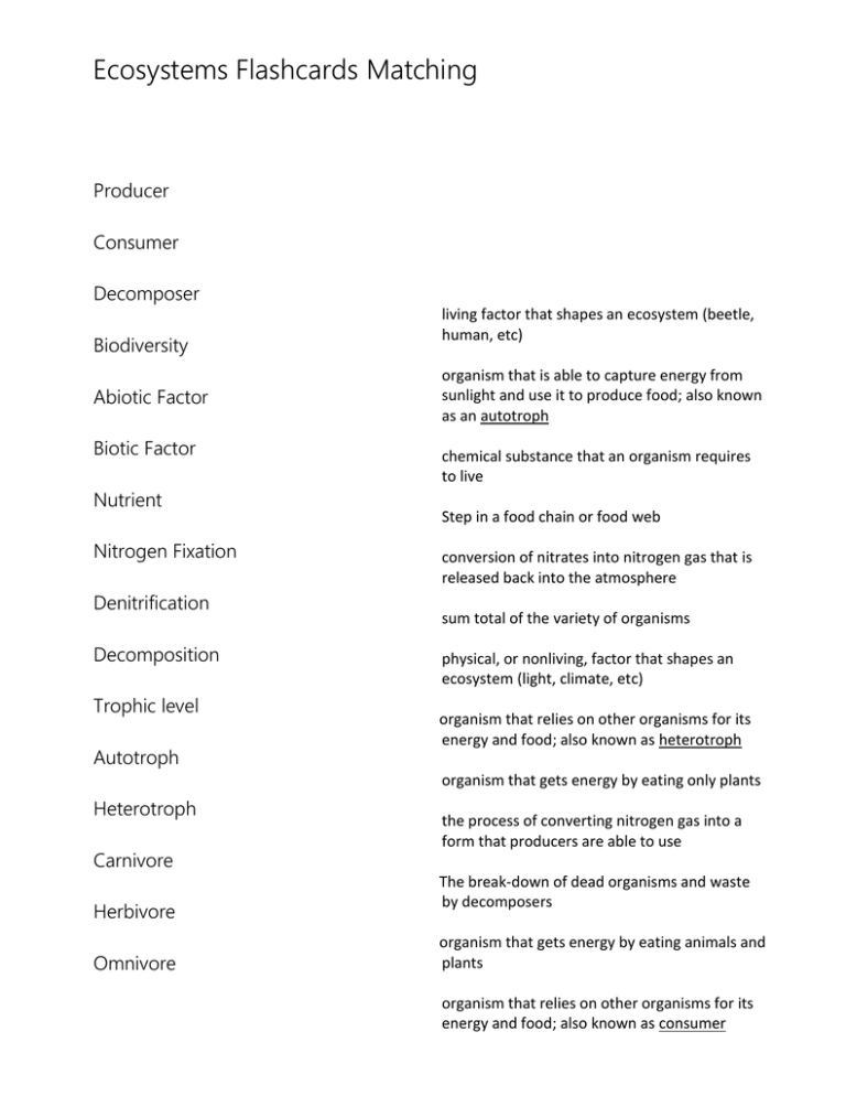 Ecosystems Flashcards Matching Producer Consumer Decomposer